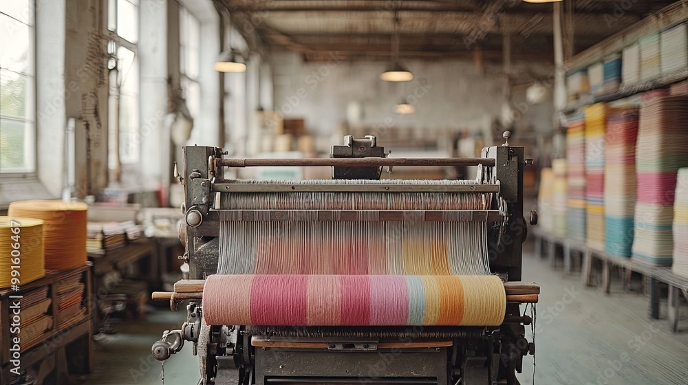 An old textile mill, a vintage loom stands proudly with threads hanging ...