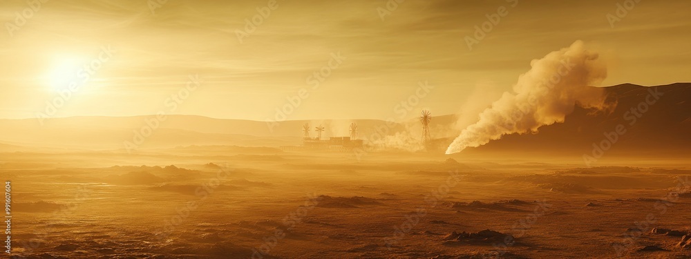 Geothermal energy plant with steam rising from the ground, large ...