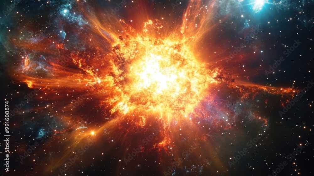 Supernova remnant with bright gases and debris expanding outward ...