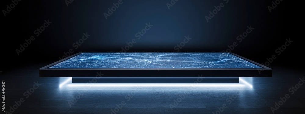 Holographic map floating above a desk, soft blue light illuminating ...