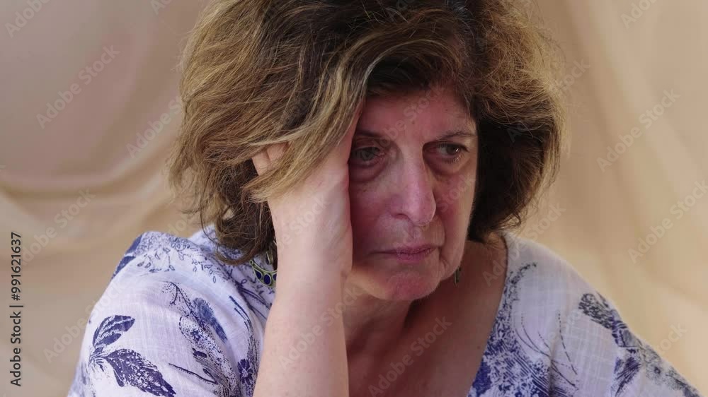 An elderly woman sitting at a table looks distressed, worried about her ...