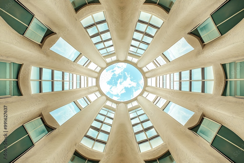 Modern architectural design with symmetrical columns and windows ...