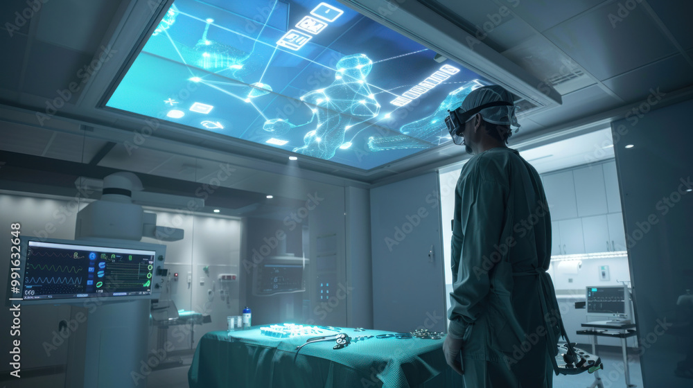 A surgeon in an operating room where the ceiling displays a live map of ...