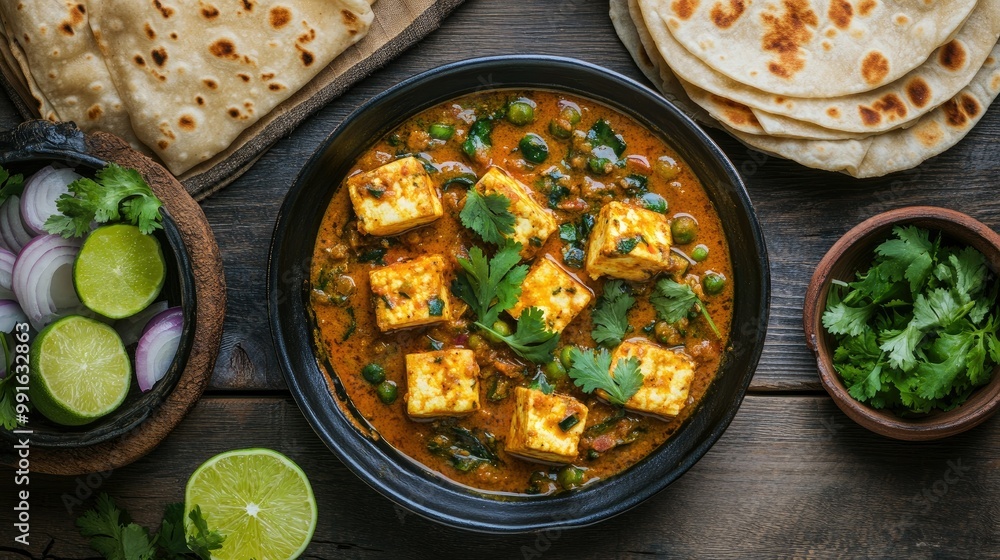 Flat lay of a traditional Kadai Paneer, served with warm chapati, fresh ...