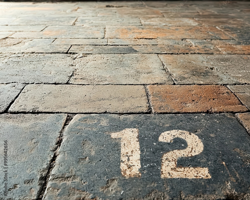 Old street pavement with faint, faded numbers and markings, faded ...