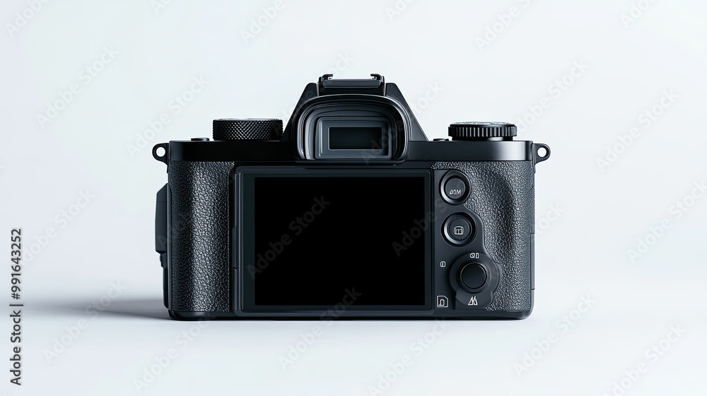 Isolated black mirrorless camera on a white background, side view ...