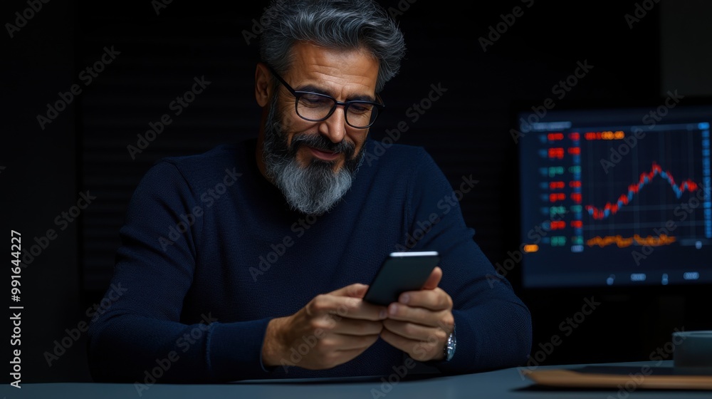 Late Night Trader: A mature man intently checks his phone, a red line ...