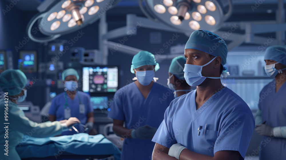 A surgeon training in a collaborative simulation with AI avatars, where ...