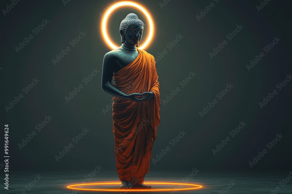 Buddha with halo, full body, digital art style, standing pose, hand on ...