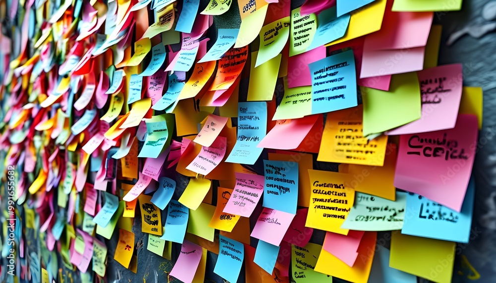 Vibrant mosaic of colorful sticky notes on a wall, showcasing diverse ...
