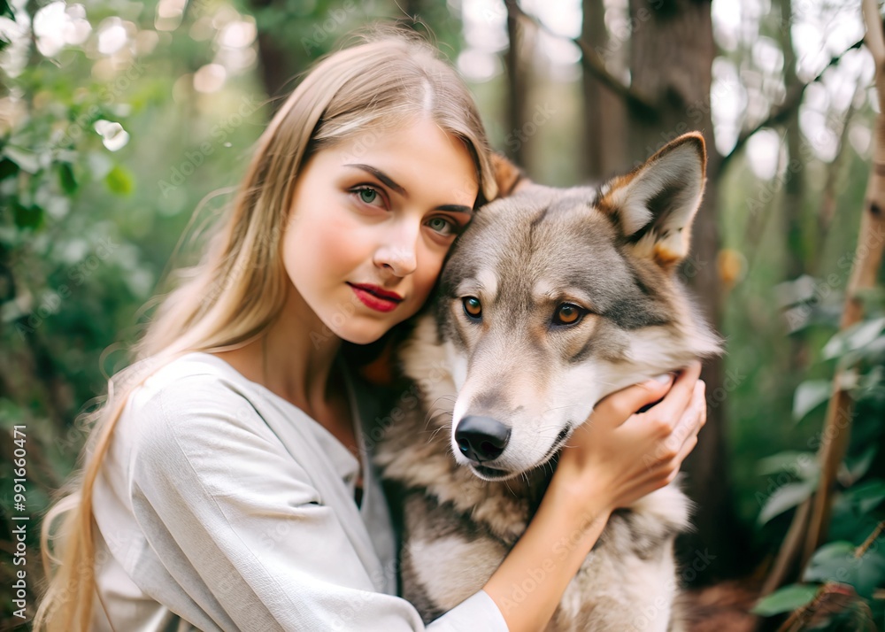 Beautiful girl with long hair hugging wild wolf in the forest. A young ...