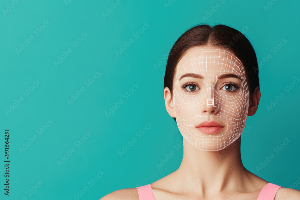 Digital facial analysis, a young womans face overlaid with a wireframe ...