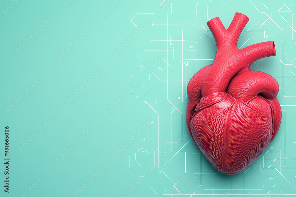 Anatomically Detailed Heart Model, vibrant red heart against a mint ...