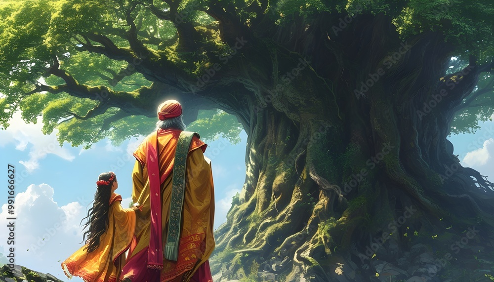 Epic fantasy scene of traditionally dressed father and daughter ...