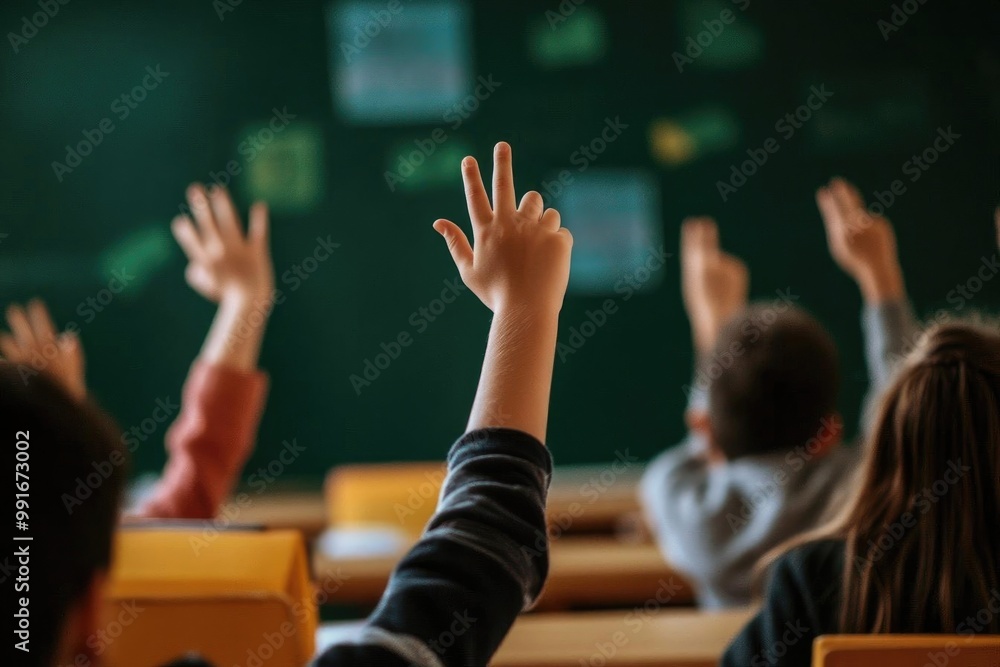 Students raising hands in a classroom to answer questions. Engaging ...