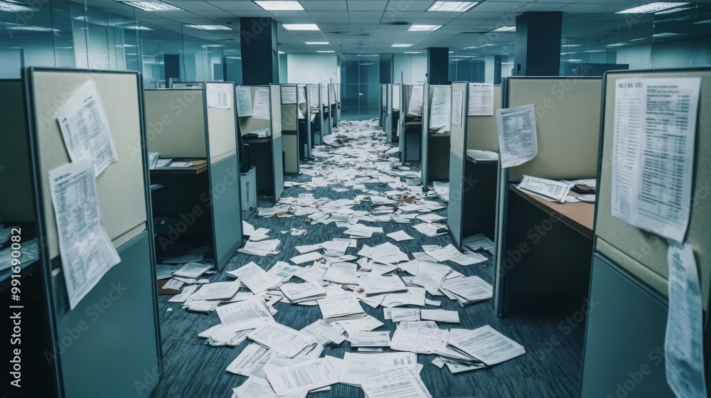 Disorganized office with paper strewn across cubicle floor, depicting ...