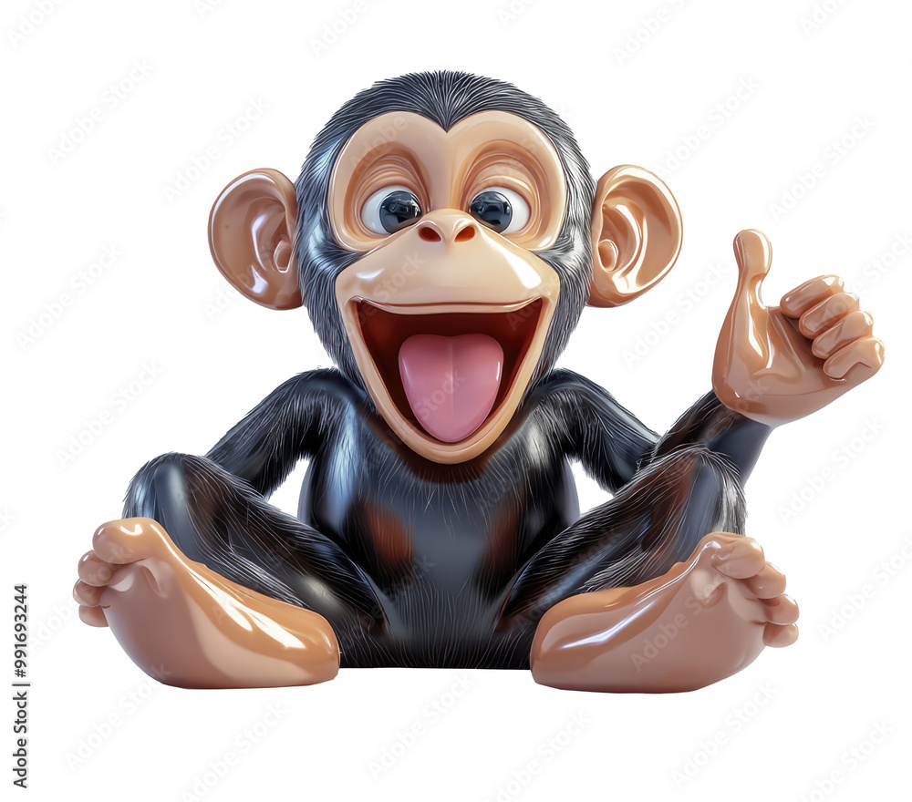 A joyful cartoon monkey sitting with its legs spread out, giving a ...