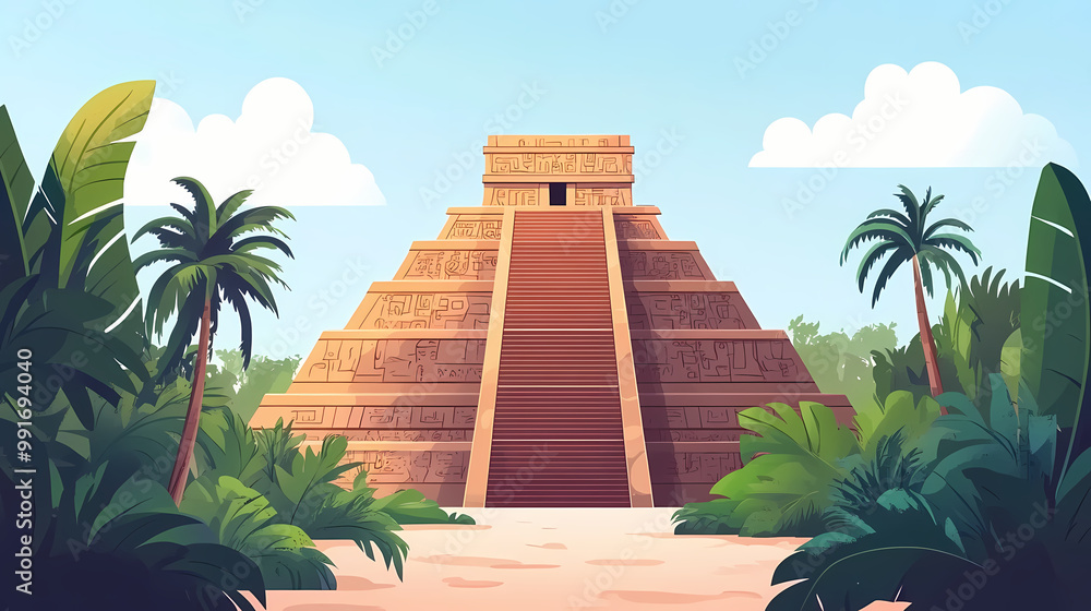 Aztec pyramid in lush jungle setting flat design front view ancient ...