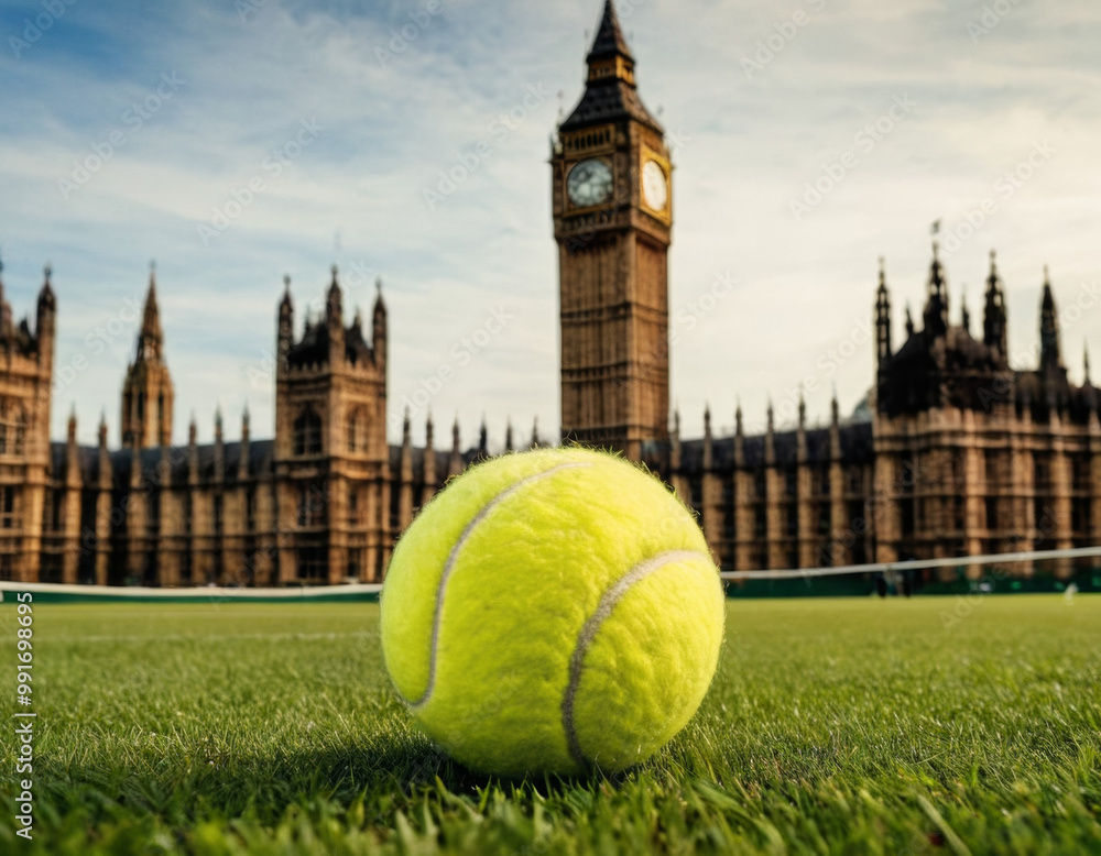 Tennis ball on a grass court with the backdrop of Big Ben in London ...