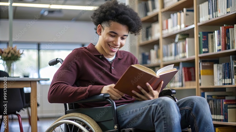 Happy young disabled mixed race school student in wheelchair reading a ...