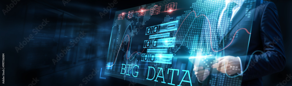Big data analyst meticulously analyzes massive datasets, constructing intricate graphs to ...