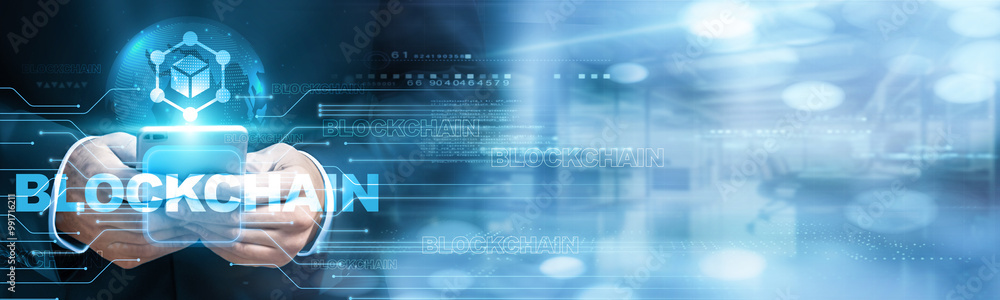 Blockchain technology expert using a mobile smartphone and blockchain icon network connection to ...