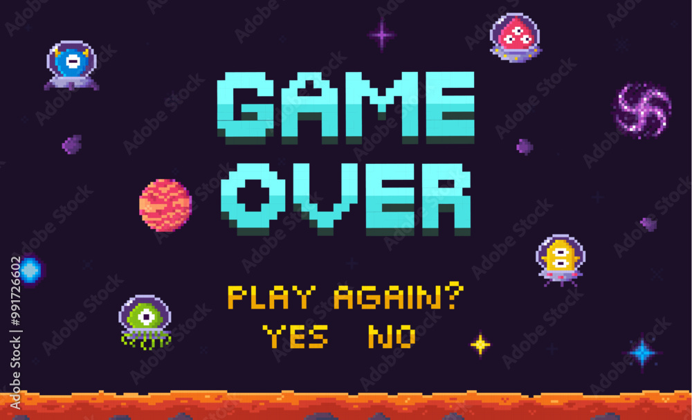 Game over message in a pixel art style with colorful alien characters ...
