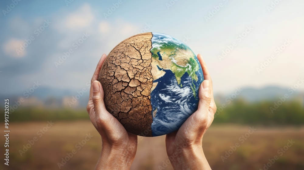 Urgent Global Message Fragile Earth Held in Hands, Stark Contrasts of ...