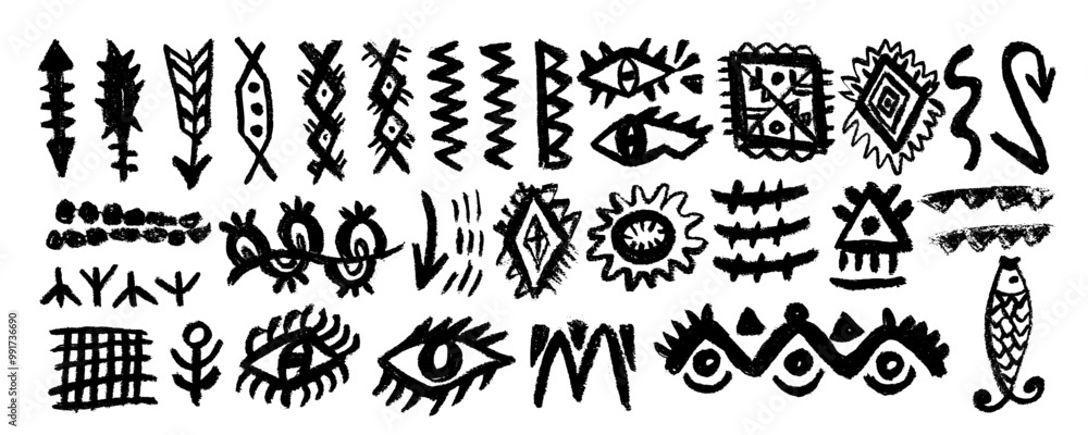 Collection with ethnic aztec sign maya, hand drawn charcoal. Abstract ...