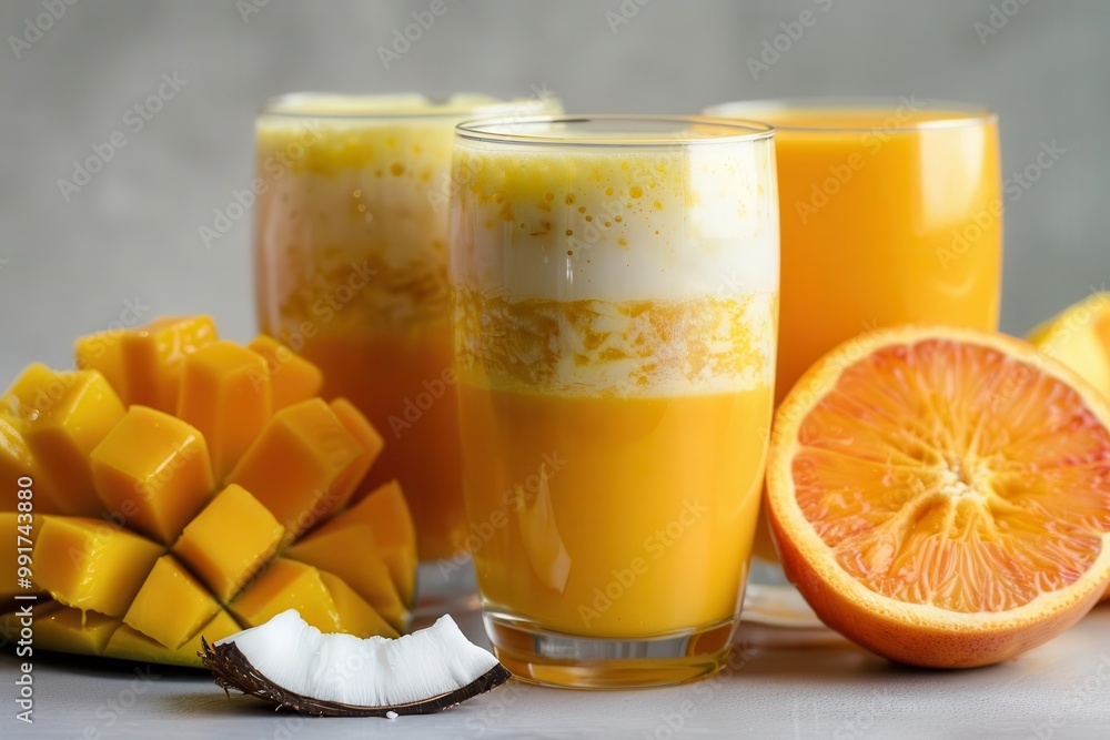 Melting tropical juice layers, blending mango, orange, and coconut in ...