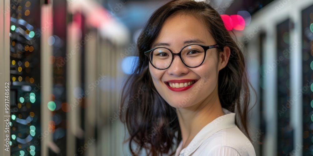 Joyful woman in a server room, enjoying her IT job with an engineer, showcasing her cheerful ...