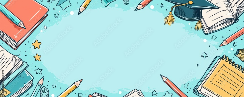 Illustrated educational frame with books and pencils for school ...