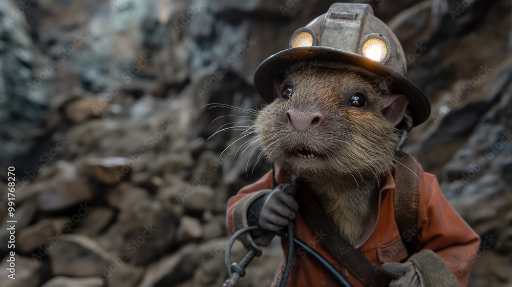 Moles dressed as a miner, wearing safety hardhat and uniform, mining ...