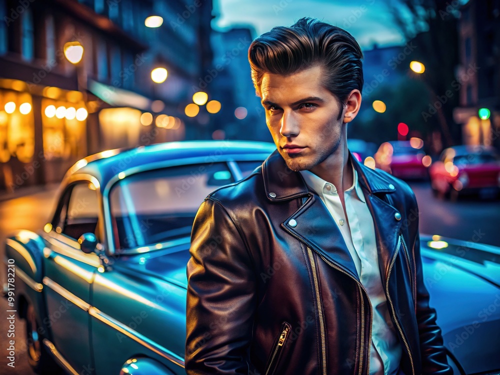 Retro 50s Greaser Style with Leather Jacket, Pompadour Hair, and ...