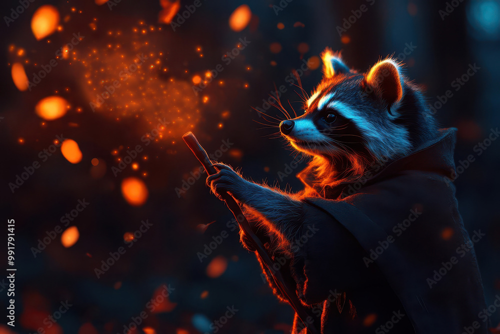 Raccoon dressed as a wizard with a staff and magical symbols floating ...