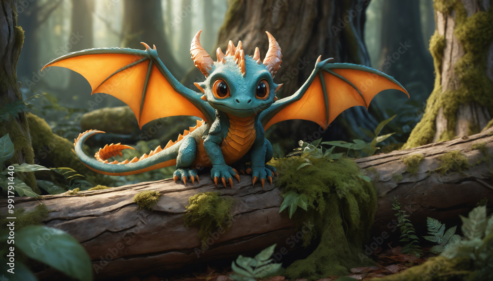 Petit dragon 3D mignon bleu ailes oranges Fantasy compagnon animal ...