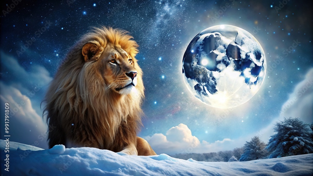 A majestic lion under the glow of a full moon on a snowy winter night ...
