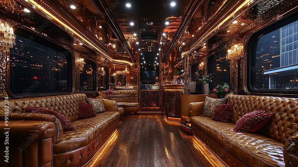 Luxurious interior of a private tour bus with leather seating, a bar ...