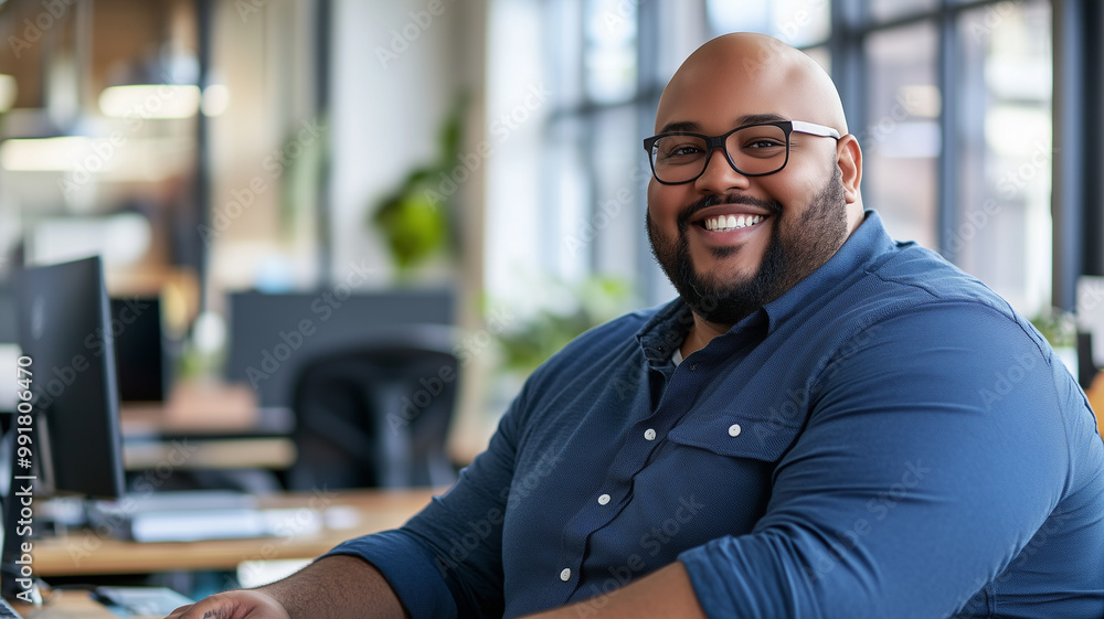 Bald plus size male office worker smiling; office environment ...