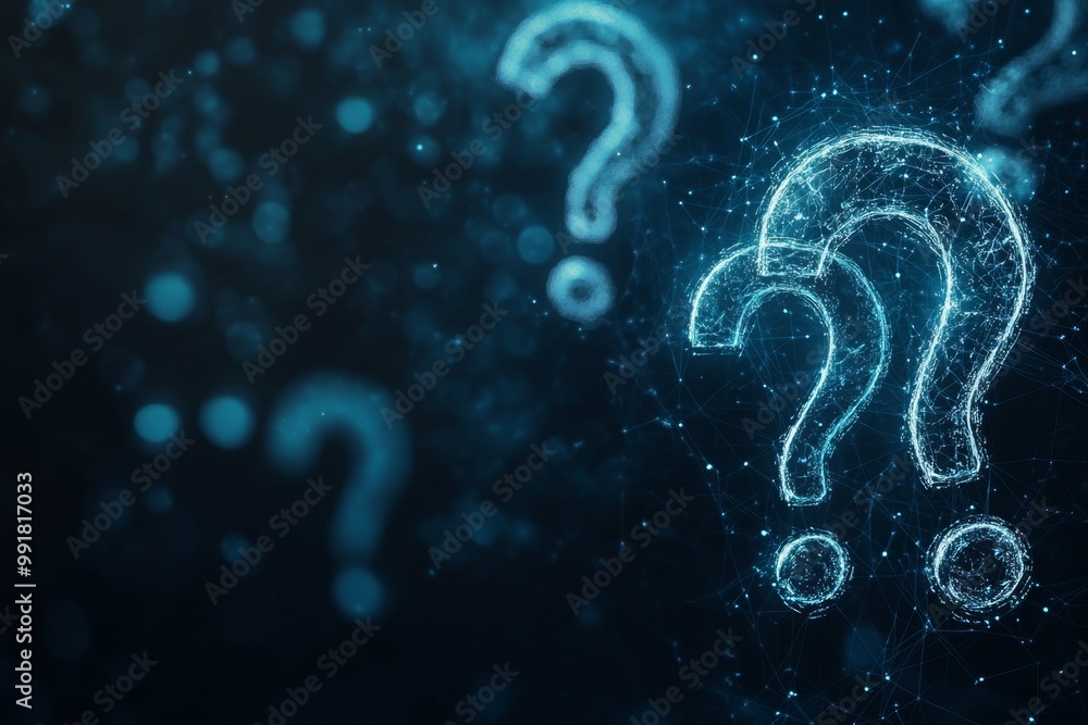 Curiosity and inquiry represented by question marks on a dark blue ...