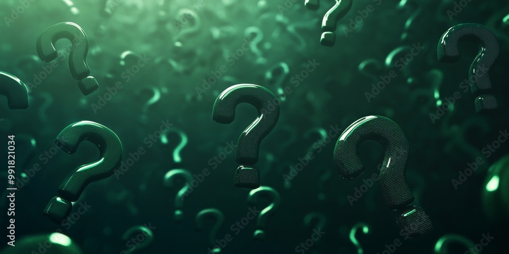 Floating question marks on a dark green background symbolize curiosity and open-mindedness Stock ...