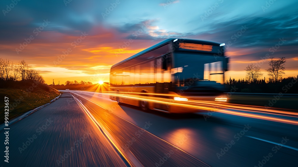 a bus driving down a highway at sunset Фотографія Stock | Adobe Stock