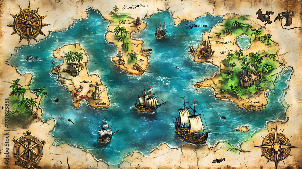 Pirate map with pirate ships, islands and nautical signs. drawing of an ...