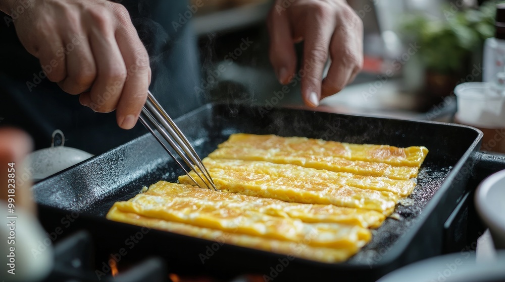 Cooking Tamagoyaki, also known as Tamago traditional Japanese Rolled ...