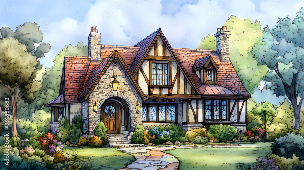 Tudor style house (cartoon colored pencil) - originated in england in ...