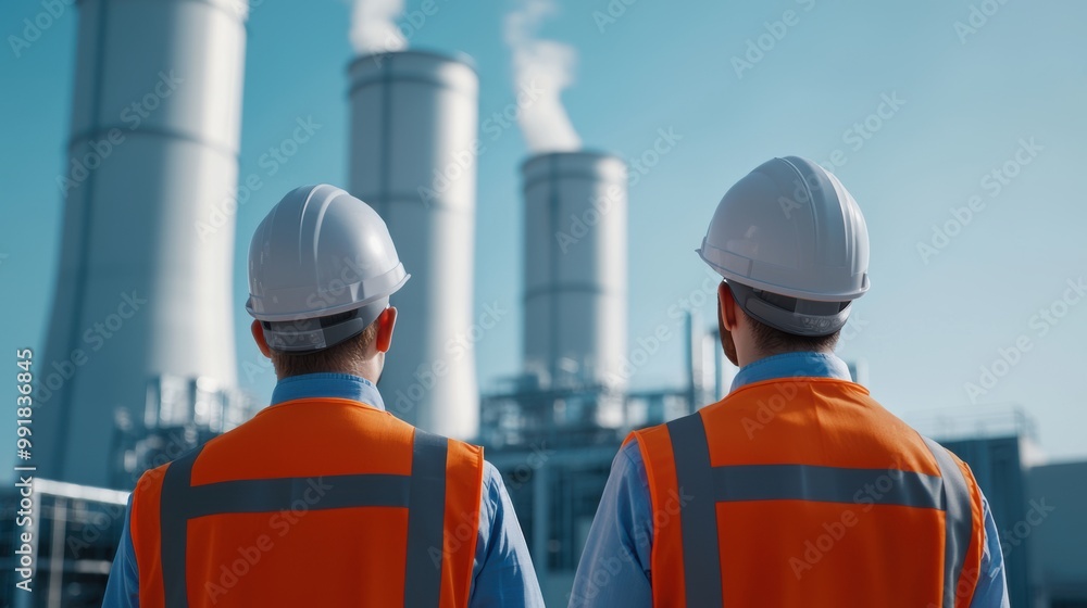 image features two construction workers in safety gear, observing power ...
