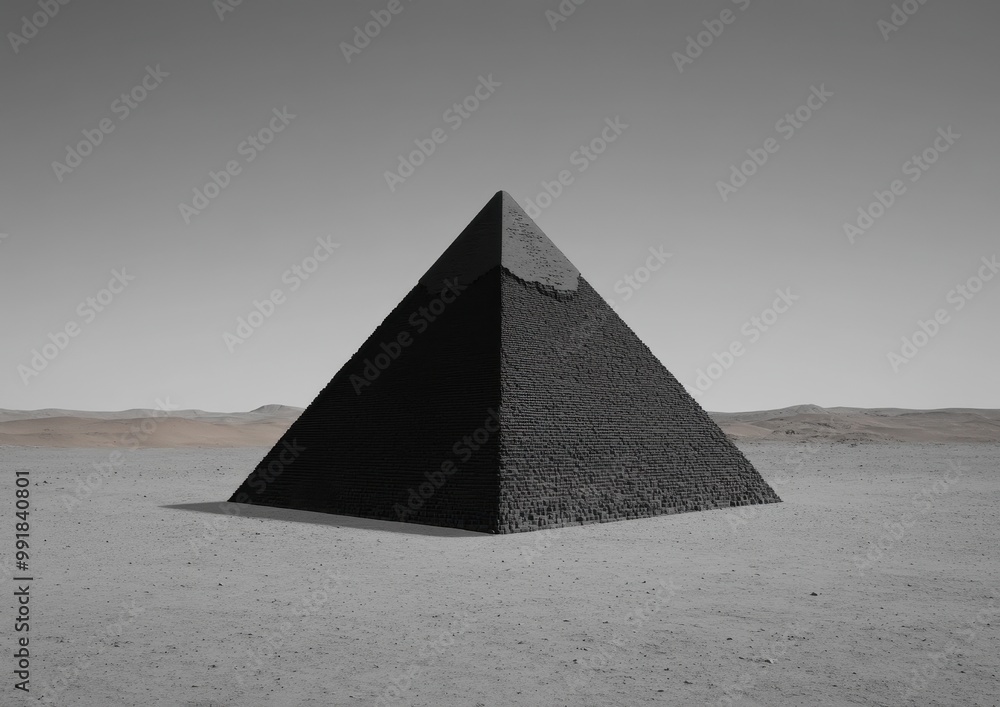 Black pyramid structure on a barren landscape, minimalist design ...