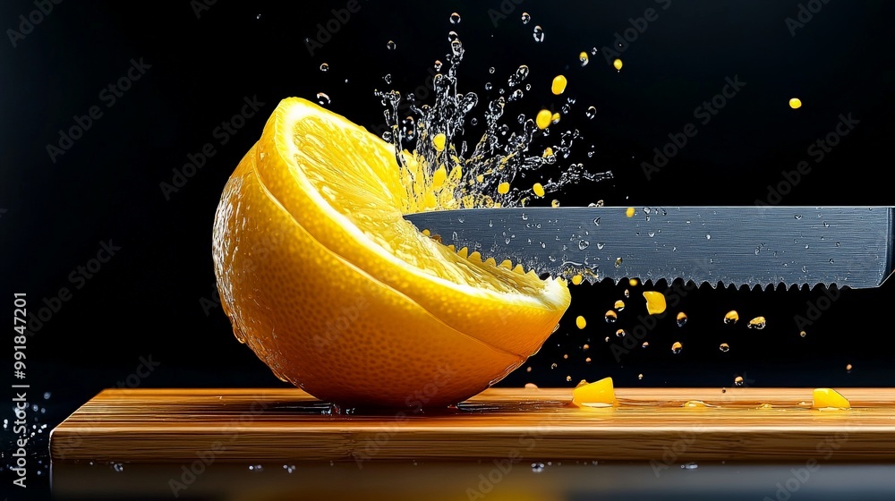 Sliced Lemon Splash: A sharp knife cuts through a juicy lemon, creating ...