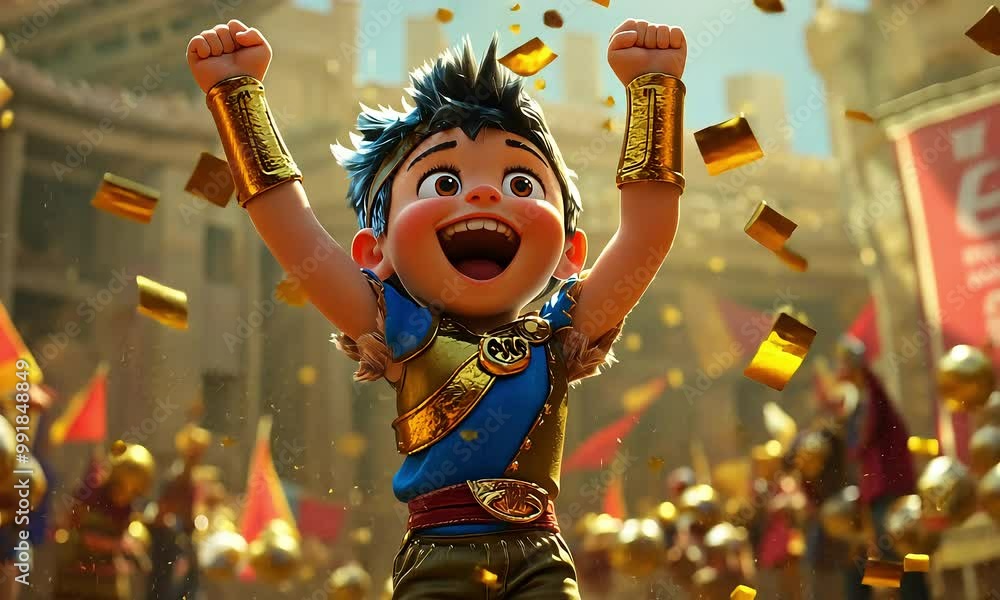 A young animated boy, dressed as a Roman soldier, celebrates a victory ...