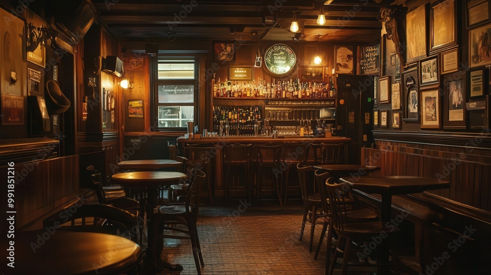 atmospheric oldworld pub interior bathed in warm amber light rich ...